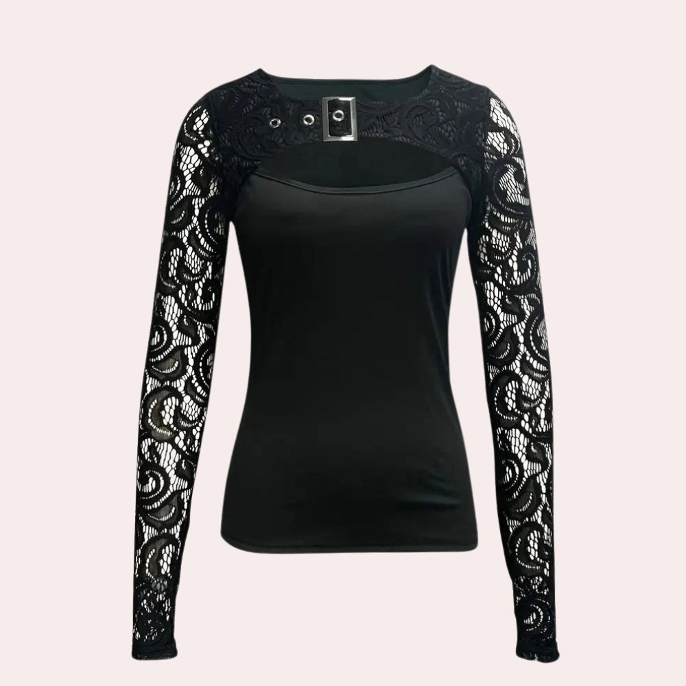 Long-Sleeved Black Lace Bodysuit with Keyhole Neckline for Parties ...