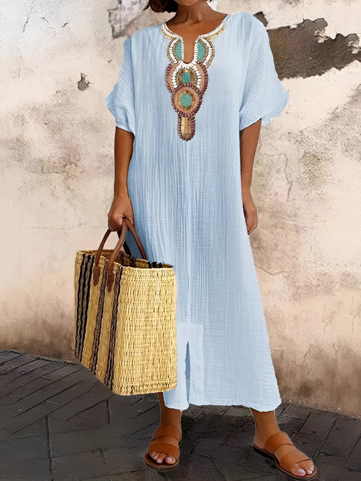 White Crinkle Kaftan with Embroidered Ethnic Detailing and Beaded Neck ...
